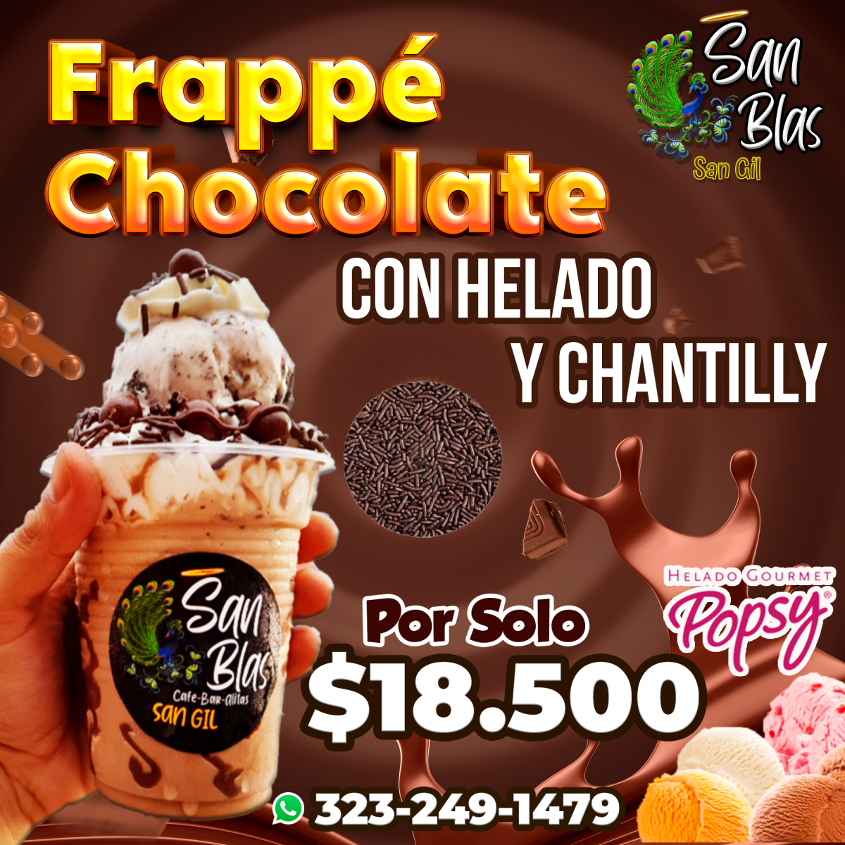 San Blas Cafe Bar Alitas - Frappé chocolate con helado y Chantilly